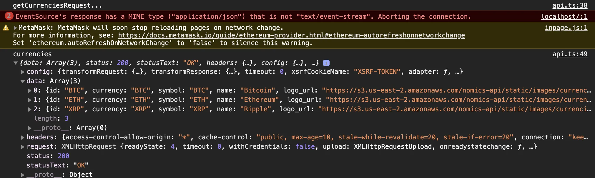 React应用程序：EventSource的响应具有不是"text/event-stream"的MIME类型（"application/json"）。中止连接。 javascript ...