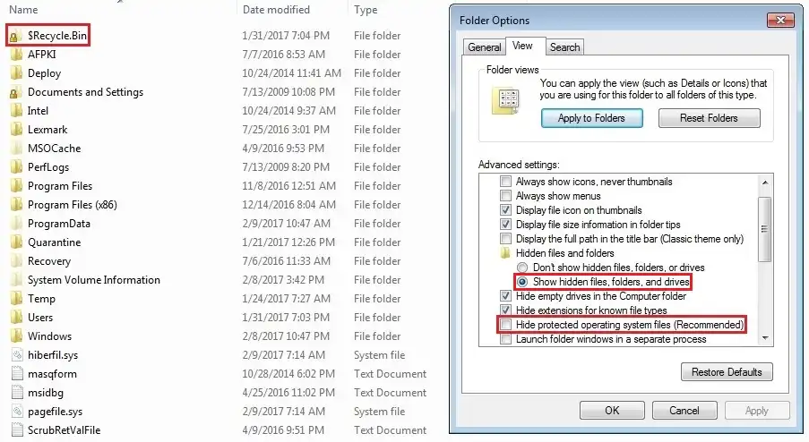 如何显示C:\$RECYCLE.BIN？ windows-7 windows-explorer recycle-bin - Dev59