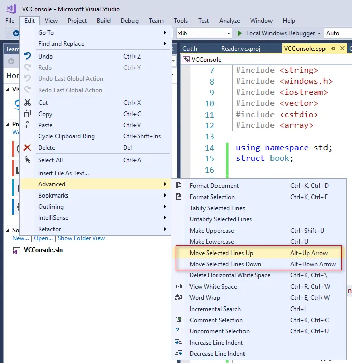 在Visual Studio中，将行上移/下移的快捷键 visual-studio keyboard-shortcuts text ...
