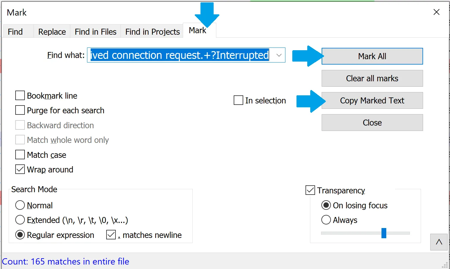 在Notepad++的搜索结果窗口中，显示多行结果。 regex - Dev59