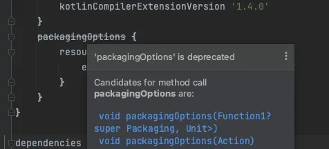 如何替换Android Gradle构建文件中已弃用的packagingOptions android-studio android-gradle-plugin - Dev59