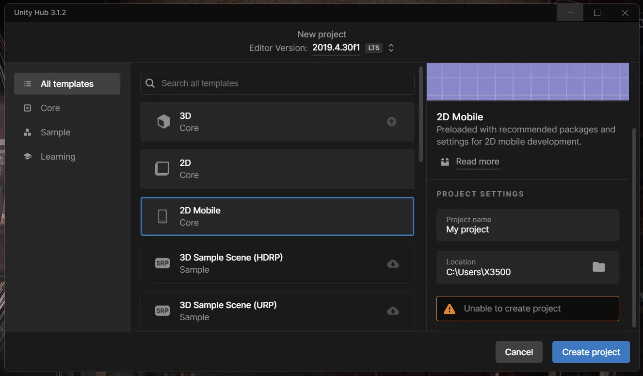 Unity hub 3.1.2中出现“无法创建项目”错误。 unity-game-engine - Dev59