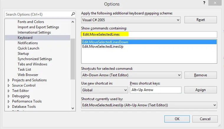 在Visual Studio中，将行上移/下移的快捷键 visual-studio keyboard-shortcuts text ...