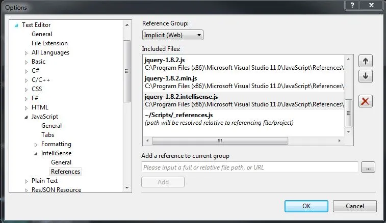 在VS2010中启用jQuery智能感知而不需要引用本地jQuery（或在每个文件中引用） visual-studio-2010 intellisense javascript ...