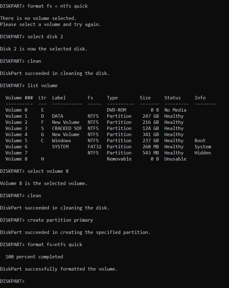 使用DiskPart格式化USB闪存盘出现"未选择卷"错误 windows-10 hard-drive partitioning - Dev59