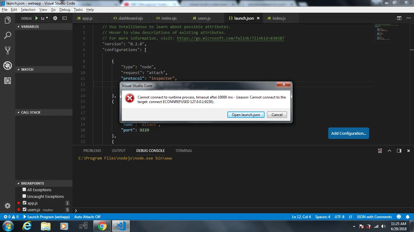 Visual Studio Code - 连接运行时进程超时 10000 毫秒 node.js visual-studio-code - Dev59