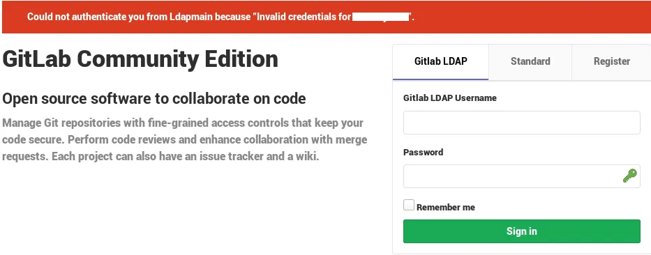 由于“用户名称的凭据无效”，无法从Ldapmain对您进行身份验证。 authentication gitlab - Dev59