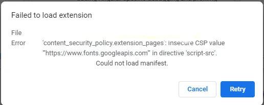 加载Chrome扩展程序时出现错误 - 在指令“script-src”中，CSP值“”不安全。 javascript reactjs ...