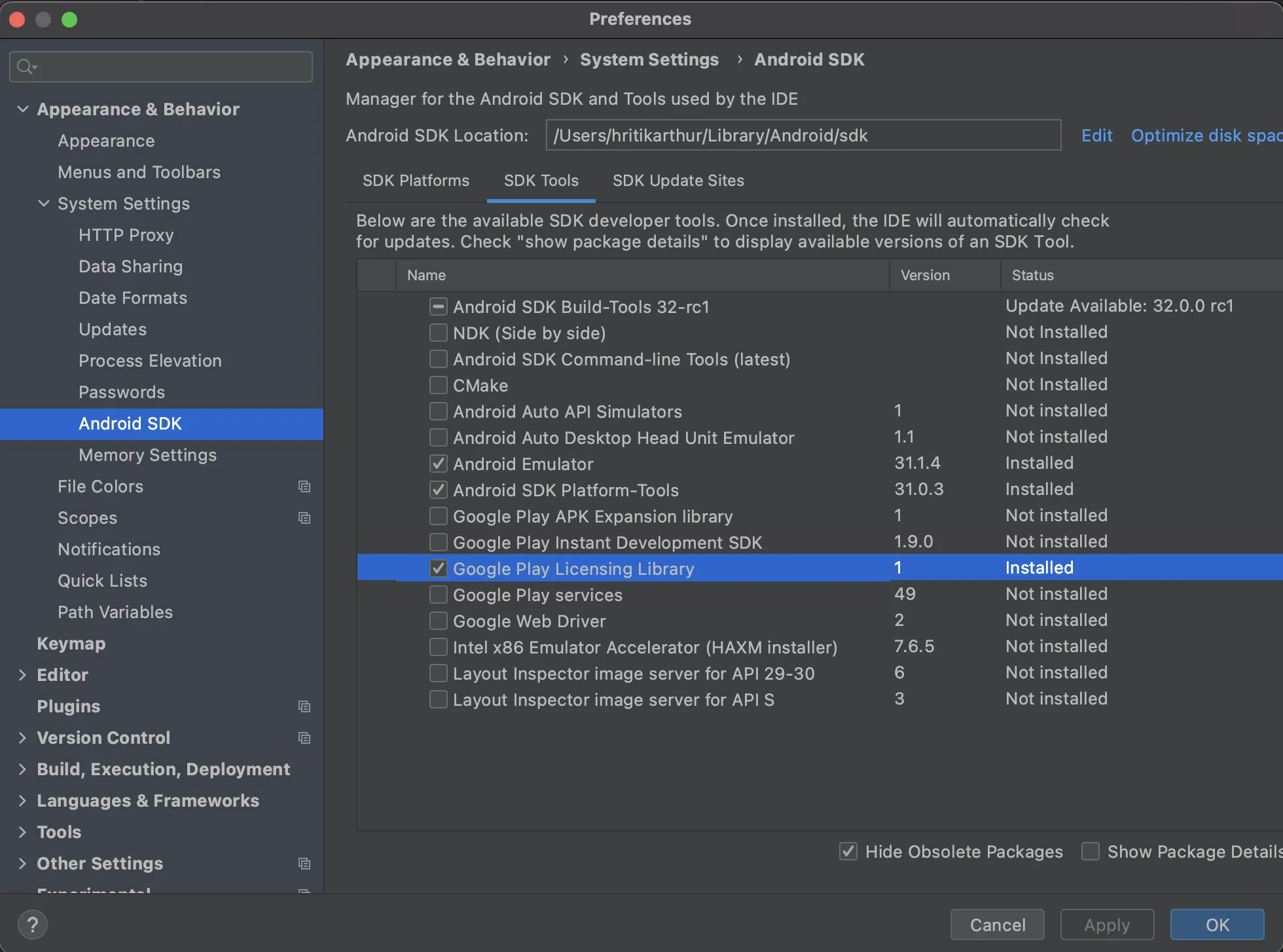 以下Android SDK包安装失败，因为一些许可证未被接受错误。 android-studio android-sdk-tools - Dev59