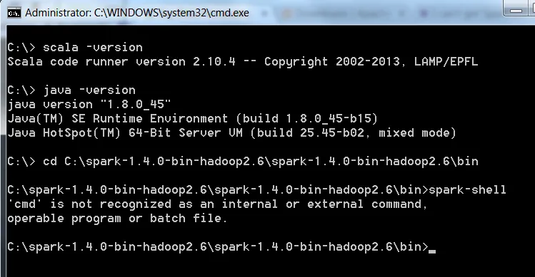 Spark：尝试运行spark-shell，但出现“cmd不是内部或外部命令”的错误 apache-spark - Dev59