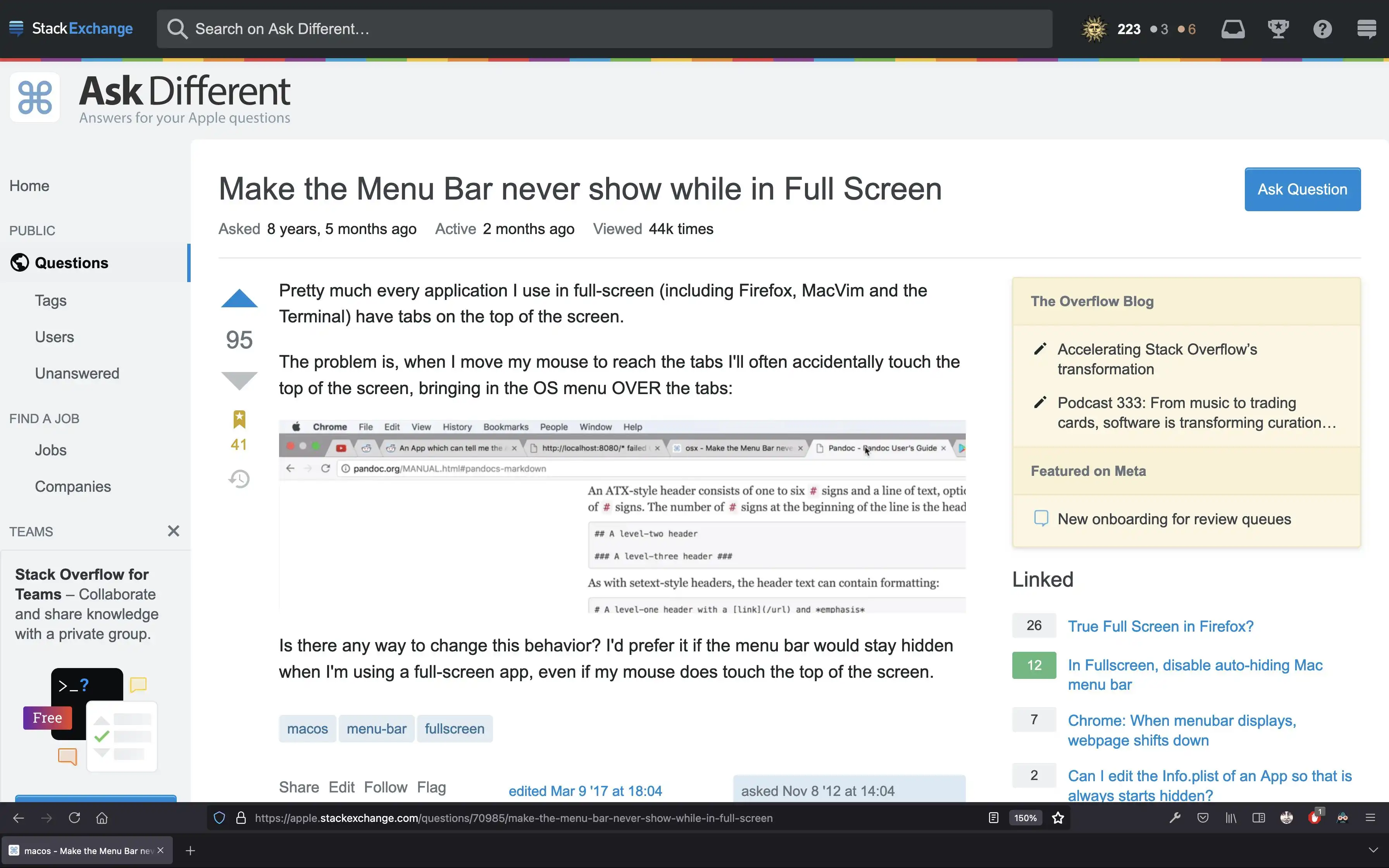 在全屏模式下，让菜单栏永远不显示 macos menu-bar fullscreen - Dev59