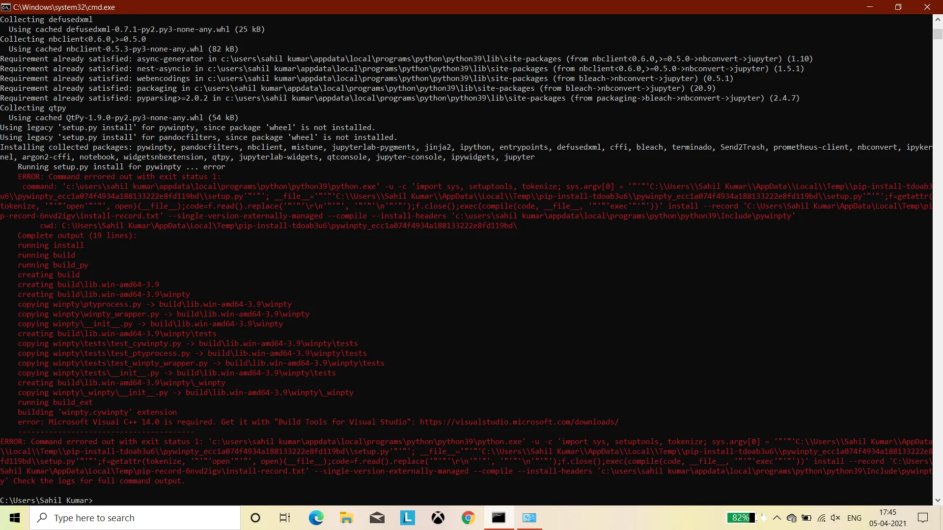 安装Jupyter和pywinpty时出现错误（Python） - Dev59