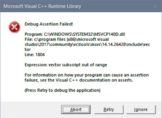 如何在Visual Studio中跳过“Debug Assertion Failed”并直接断点 c++ visual-studio visual-studio-2017 - Dev59