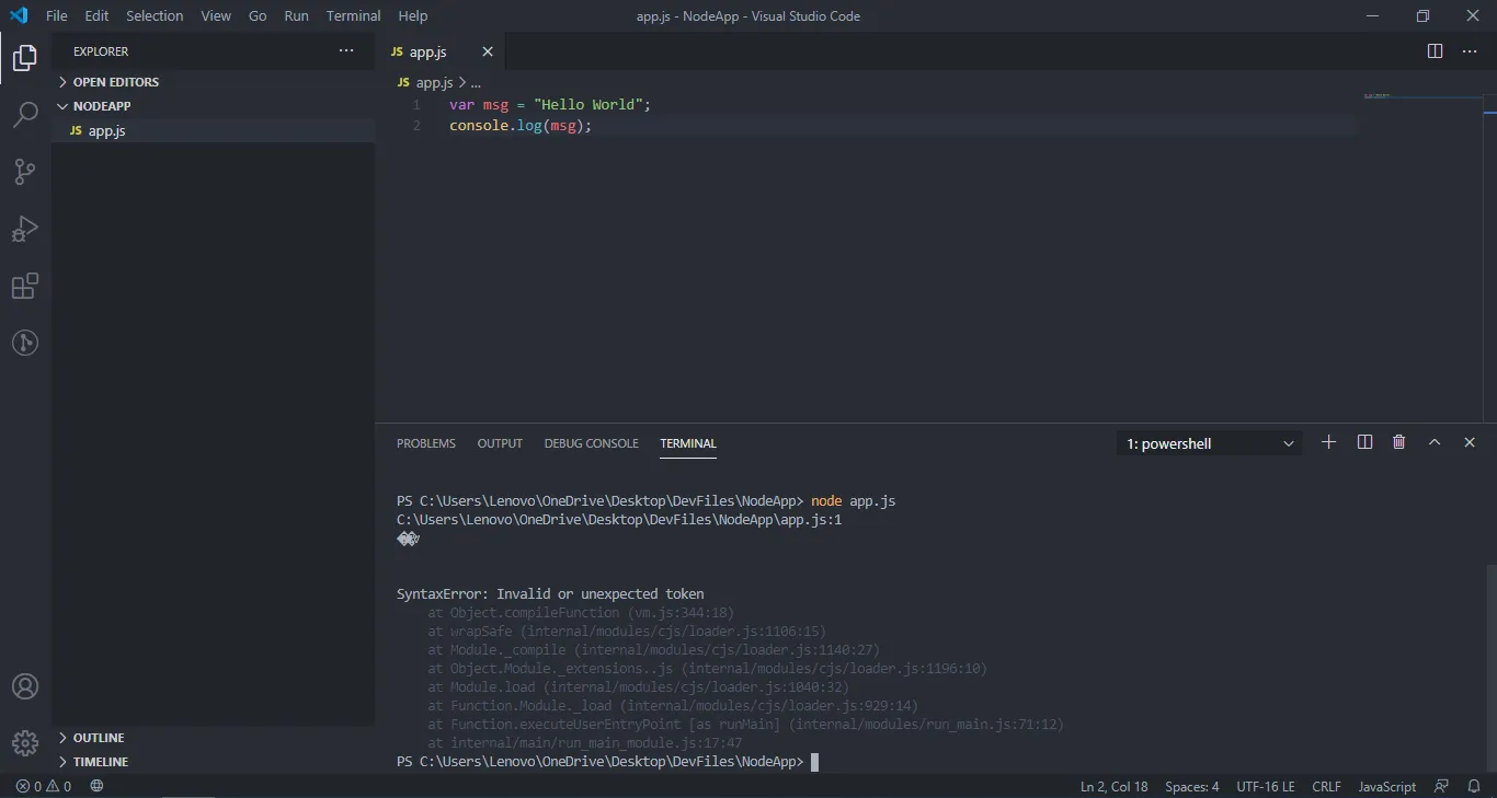 如何解决在运行Node.js应用程序时出现的“SyntaxError: Invalid or unexpected token”错误 javascript visual-studio-code ...