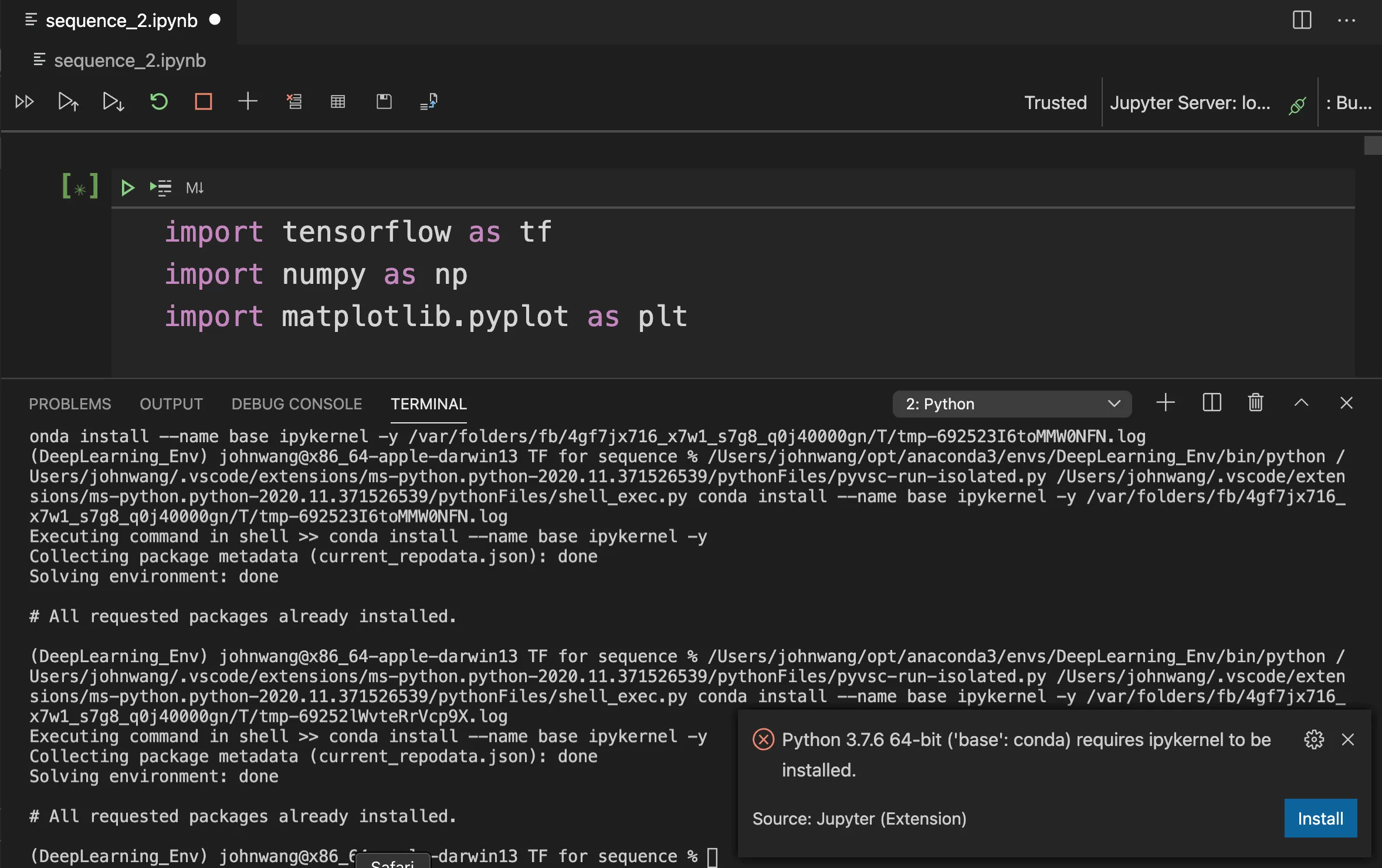 Python需要安装ipykernel才能运行。 visual-studio-code jupyter - Dev59